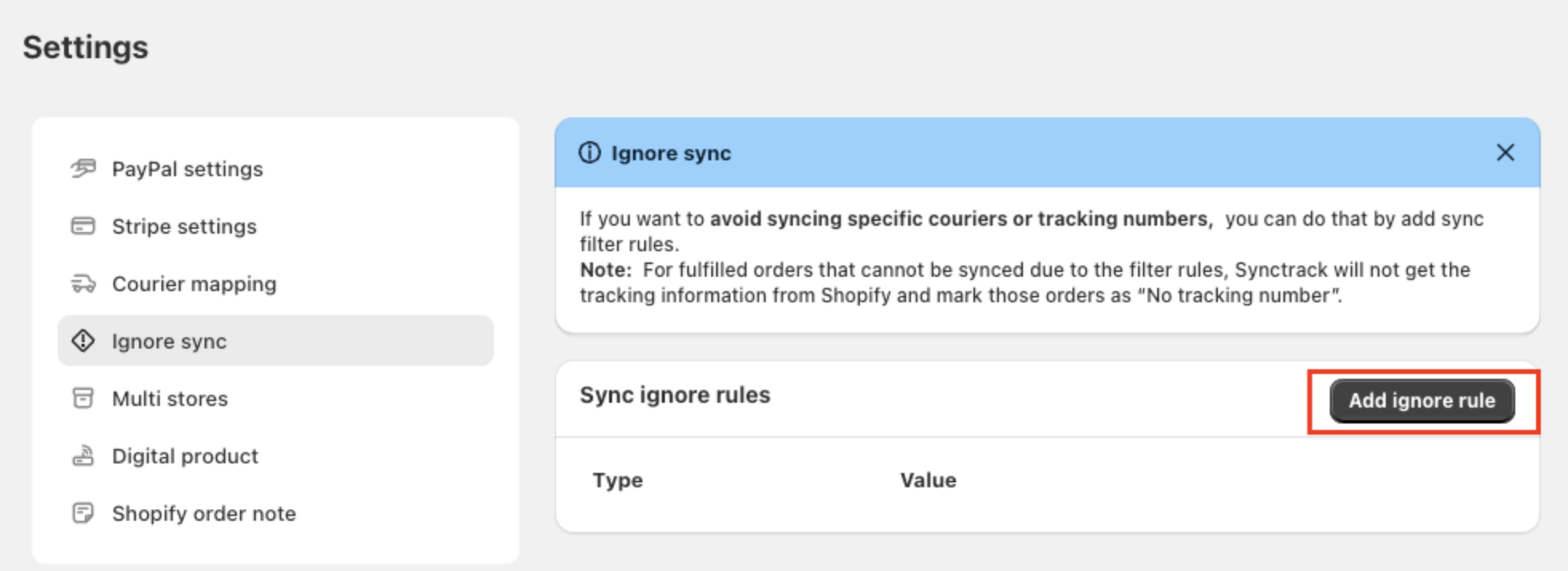 Add Ignore Sync rule - Synctrack
