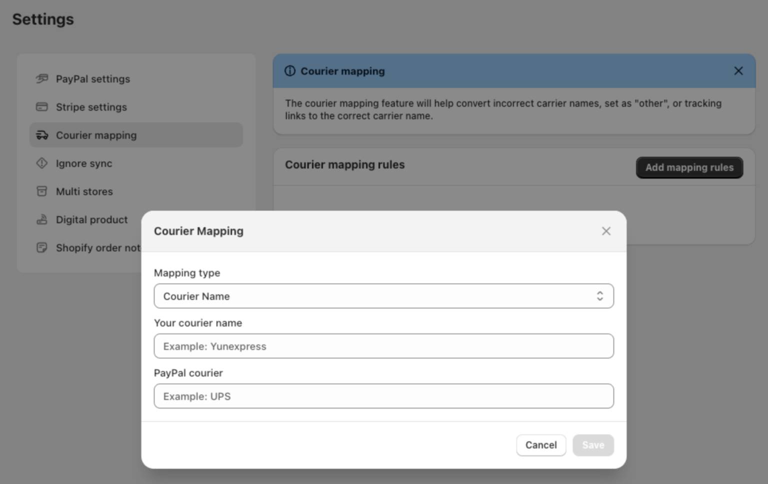 Add Courier Mapping rule - Synctrack